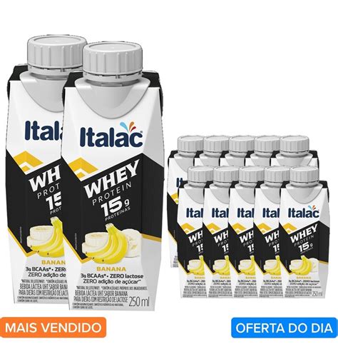 Caixa 12 Whey Protein Italac Bebida Lactea 15g Banana 250ml
