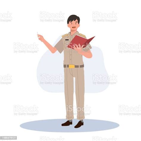 제복을 입은 남성 태국 정부 관리들 태국 남자 선생님이 가르치고 있다 플랫 벡터 일러스트레이션 갈색에 대한 스톡 벡터 아트 및