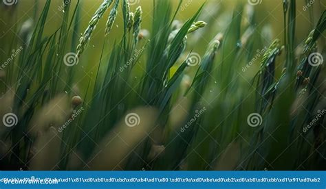 Raining Background With Green Grass For Natural Banner Stock