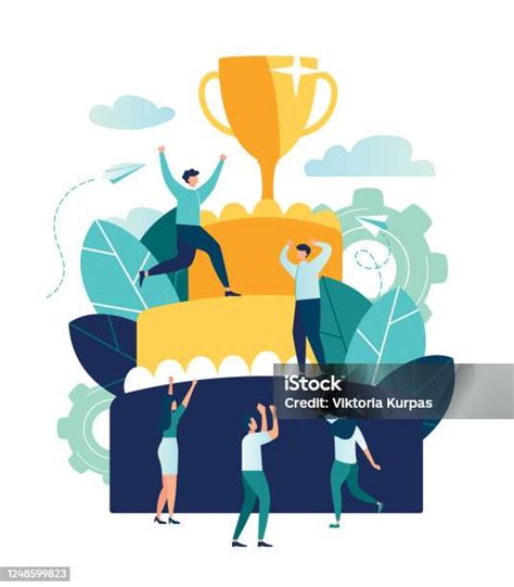 벡터 비즈니스 일러스트레이션 크리에이티브 팀의 리더십 자질 성공적인 길로 가는 방향 큰 케이크위에 서있는 작은 사람들은 우승자 성공적인 경력 경로 회사에게 행복합니다 벡터에