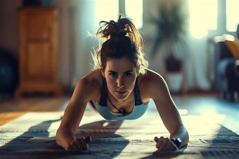 Premium Photo Woman Doing Push Up Exercise In Living Room