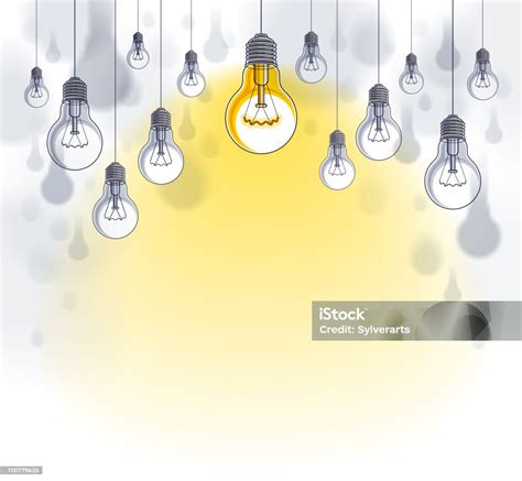 전구 하나의 빛나는 아이디어 개념 다른 생각 군중에서 눈에 띄는 창조적 인 영감을 가진 아름 다운 벡터 일러스트 레이 션 텍스트에 대 한 복사 공간이 있는 컴포지션 개념에