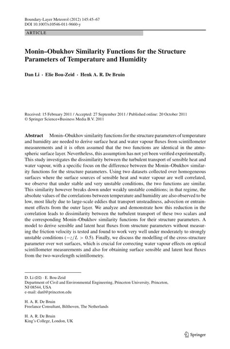 PDF Monin Obukhov Similarity Functions For The Structure Parameters