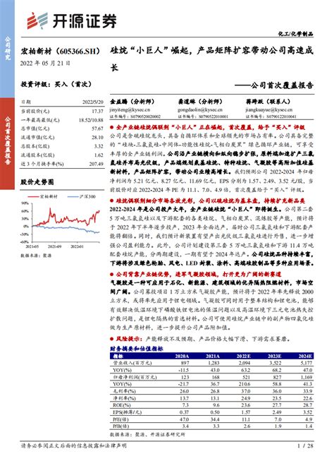 宏柏新材 公司首次覆盖报告：硅烷“小巨人”崛起，产品矩阵扩容带动公司高速成长 220521（28页） Pdf 先导研报 专业实时研报分享，行业研究报告下载，券商研报