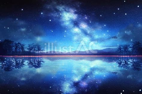 湖にリフレクションする夜空の星風景画イラスト No 23474612／無料イラストフリー素材なら「イラストac」