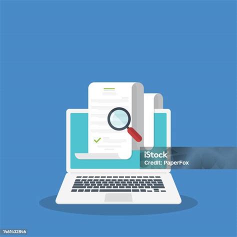 랩톱 컴퓨터 계약 검토 분석 계약 검사 규정 준수 확인에 대한 온라인 디지털 문서 검사 또는 평가 평가 0명에 대한 스톡 벡터