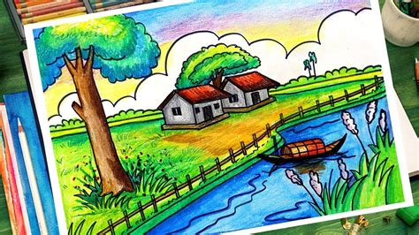 How To Draw Riverside Village Scenery Village Drawing Village