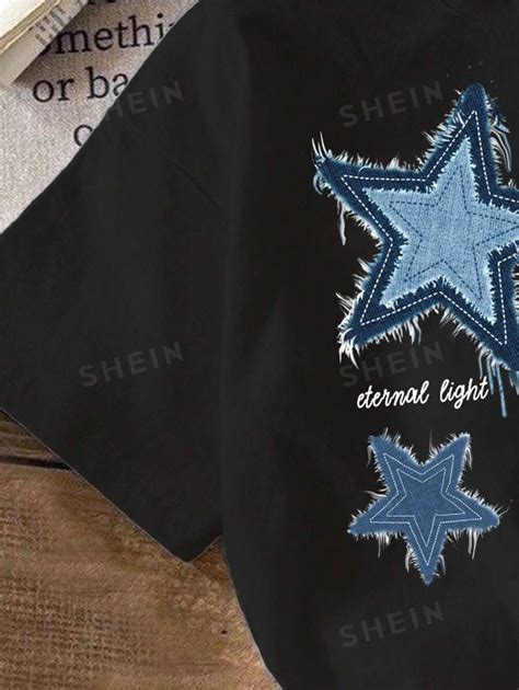 Shein Ezwear Ladies Blue Star Pattern Black Casual Loose Round Neck