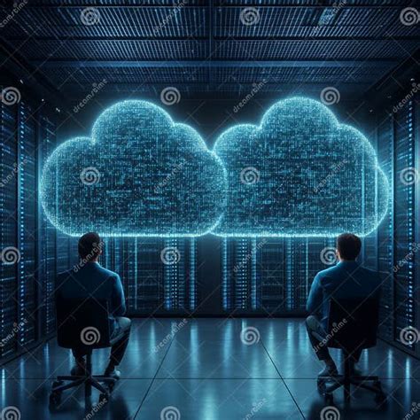 Two Individuals Observing Virtual Cloud Symbols In A Modern Data Center Symbolizing Cloud