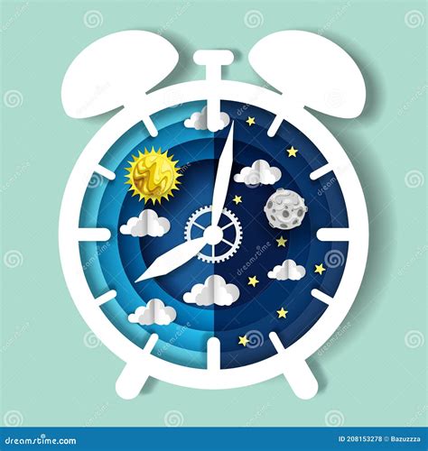 Paper Cut Craft Style Clock With Day And Night Sky On Dial Vector