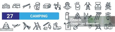 캠핑카 캐러밴 낚싯대 매점 모닥불 카누 휘발유 모바일 앱 웹 디자인을위한지도 벡터 아이콘과 같은 27 개의 얇은 라인 캠핑 아이콘 세트 가솔린에 대한 스톡 벡터 아트 및