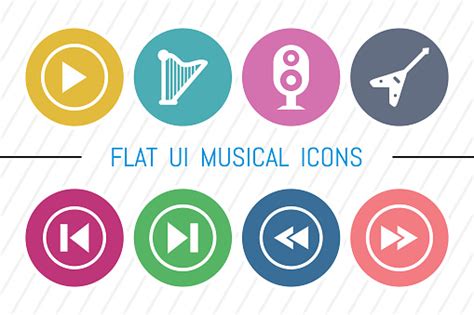플랫 Ui 8 색상 음악 아이콘 설정합니다 Eps10입니다 매우 유용한 음악 아이콘 설정 간단한 그림입니다 웹 모바일 소프트웨어 및 애플 리 케이 션에 대 한 유용한 아이콘