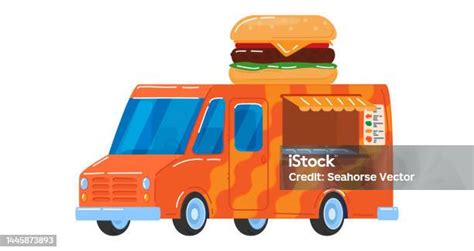 자동차 패스트 푸드 트럭 판매 햄버거 바퀴 달린 상점 밴에서 거리에 음식 만화 스타일의 벡터 일러스트 레이 션 흰색으로 격리 바퀴에 대한 스톡 벡터 아트 및 기타 이미지