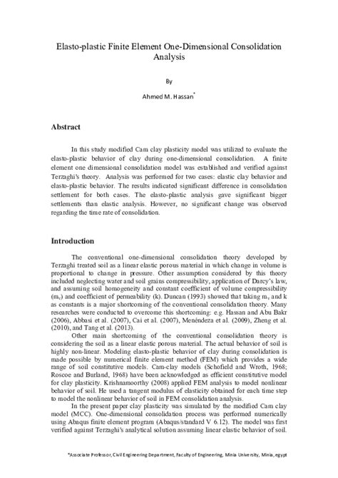 Pdf Elasto Plastic Finite Element One Dimensional Consolidation Analysis