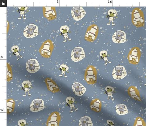 Space Robots Blue Background Fabric Spoonflower