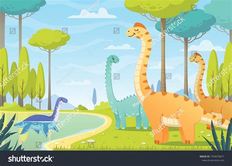 Dinosaurs Composition Cartoon Characters Dinos Natural เวกเตอร์สต็อก