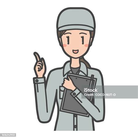안전을 확인하기 위해 작업복과 작업용 모자를 쓴 젊은 여성의 삽화 가리키기에 대한 스톡 벡터 아트 및 기타 이미지 가리키기 고체온증 공장 산업 건물 Istock