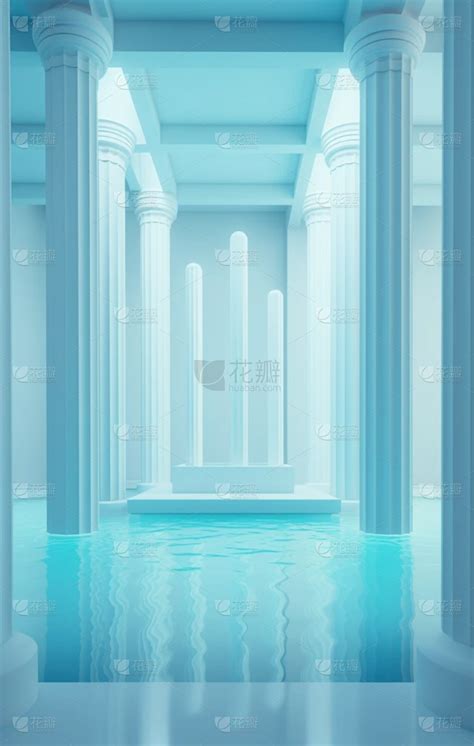 房间里白色空间的3d背景浅靛蓝和浅海蓝古典圆柱素材 花瓣网