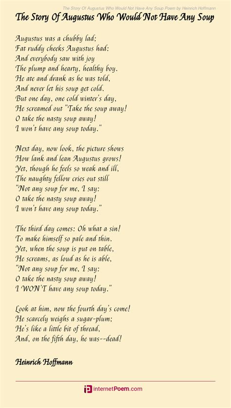 The Story Of Augustus Who Would Not Have Any Soup Poem By Heinrich Hoffmann