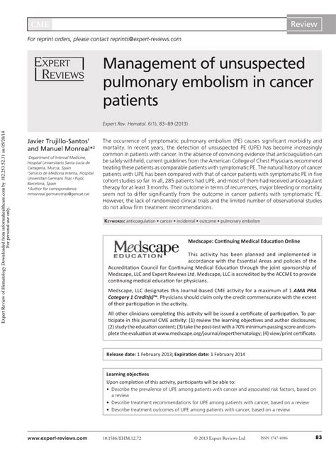 Pdf Management Of Unsuspected Pulmonary Embolism In Cancer Patients