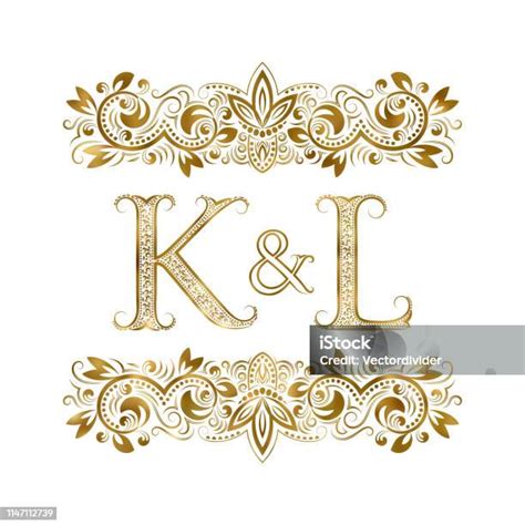 K와 L 빈티지 이니셜 기호입니다 문자는 장식 요소에 둘러싸여 있습니다 결혼식 또는 비즈니스 파트너 로얄 스타일의 모노 그램