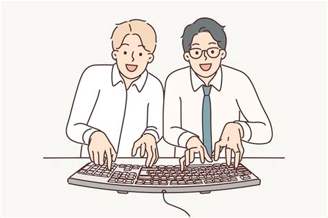 premium vector two man computer geeks use keyboard to type code at