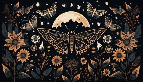 Premium Photo A Black And Gold Illustration Of A Moth With The Moon