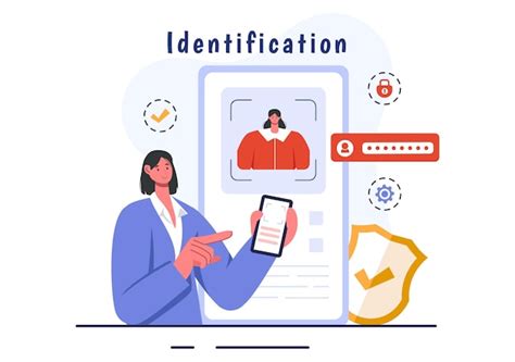 평평한 스타일의 만화 배경에 얼굴 Id 시스템에서 사진 문서와 정보가있는 신분증의 식별 터 일러스트레이션 프리미엄 벡터