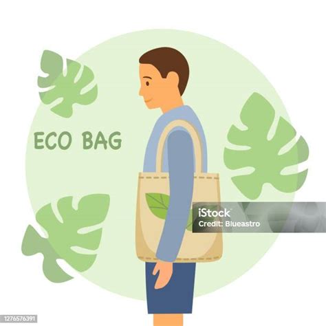 남자는 에코 가방 이나 제로 폐기물 가방을 수행 비닐 봉지 캠페인이 없습니다 환경과 지구를 저장합니다 깨끗한에 대한 스톡 벡터 아트 및 기타 이미지 Istock
