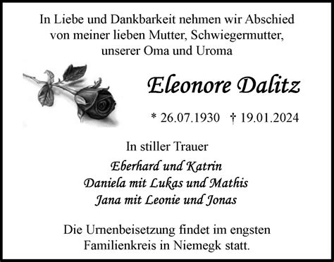 Traueranzeigen Von Eleonore Dalitz Märkische Onlinezeitung Trauerportal