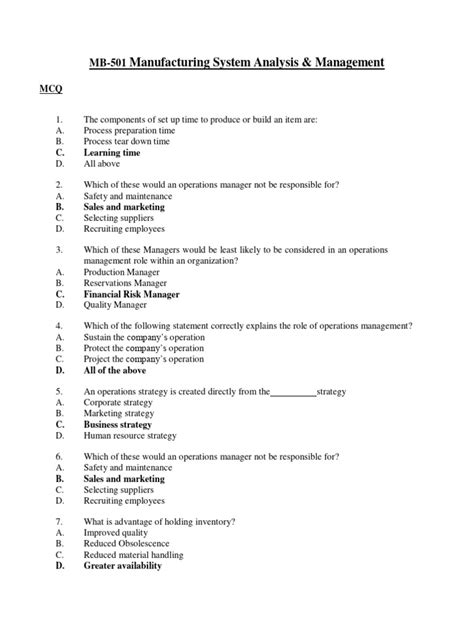 Question Set Manufacturing System Analysis And Management Download Free