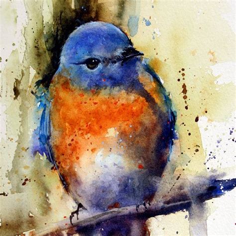 A Watercolor Painting Of A Blue Bird Sitting On A Branch With Orange