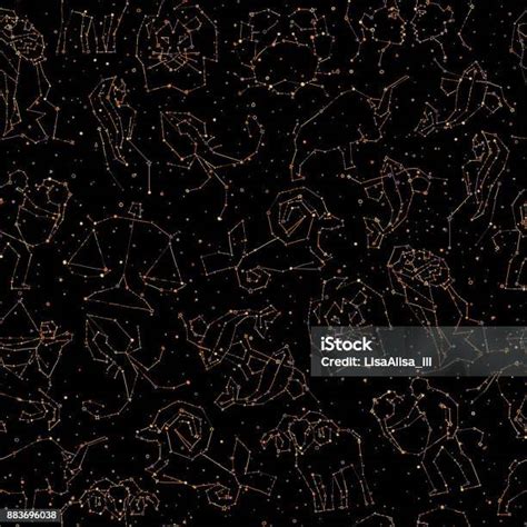 손 별자리 그리기 완벽 한 패턴 모든 조디악 별자리 스타일 라인에 로그인 하 고 끝 없는 배경에 별 별이 빛나는 조디악 기호의 낙서 배경 검은색에 대한 스톡 벡터 아트 및