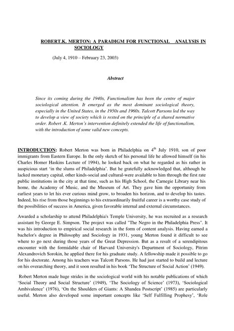 Pdf Robertk Merton A Paradigm For Functional Analysis In Sociology