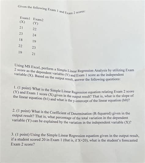 solved given the following exam 1 and exam 2 scores examl