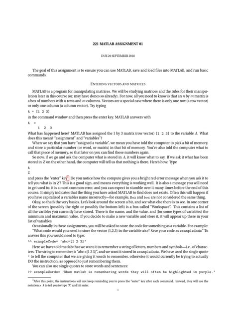 221 Matlab Assignment 01 Due 20 September 2018 Pdf Matlab Matrix Mathematics