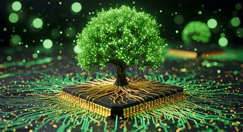 A Luminous Tree Of Life Emerging From A Processor Chip Stock