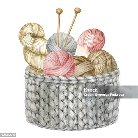 실 공 바늘로 가득 찬 바구니 나무 뜨개질 바늘 양모 공 실타래 손으로 그린 수채화 그림 격리 제품 포장 디자인 뜨개질 블로그