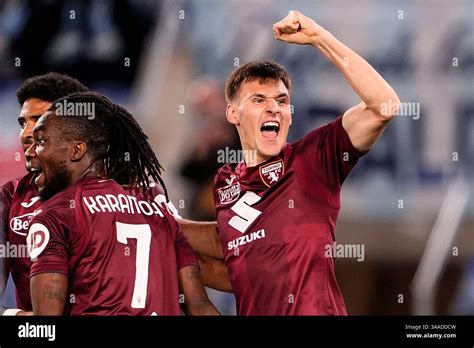 Torinos Gvidas Gineitis Celebrates Scoring Their Sides First Goal Of The Game During The Serie