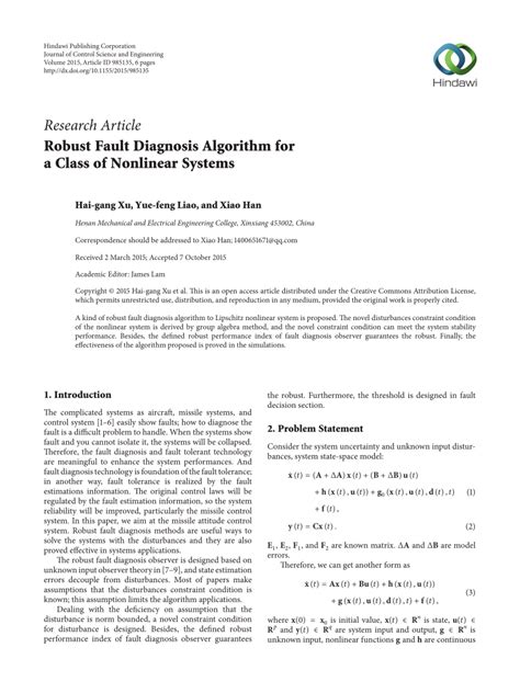 Pdf Robust Fault Diagnosis Algorithm For A Class Of Nonlinear Systems