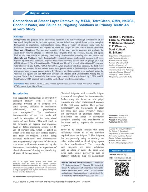 Pdf Comparison Of Smear Layer Removal By Mtad Tetraclean Qmix Naocl Coconut Water And