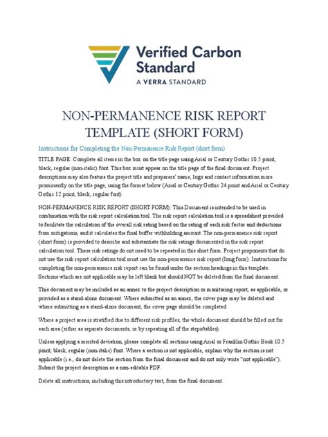 Non Permanence Risk Report Template Short Form Instructions For