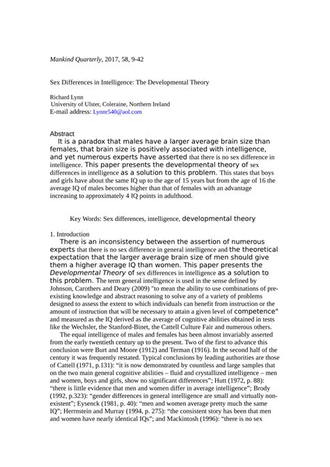 Pdf Sex Differences In Intelligence And Brain Size A Developmental