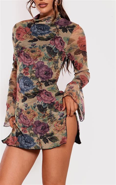Brown Floral High Neck Flared Sleeve Shift Dress Dresses