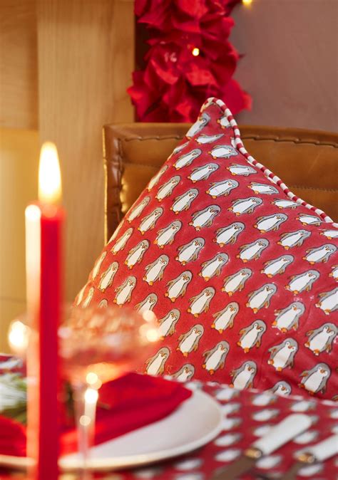Red Cushion Cover Penguin Cotton Block Print Reversible Red Cushion Cover Penguin Cotton Block Print Reversible