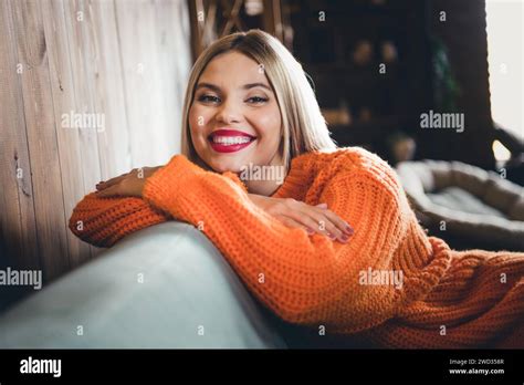 Portrait Of Gorgeous Cheerful Girl Beaming Smile Good Mood Sit Comfy