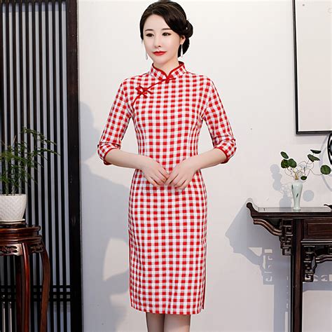 复古民国红色格子纯棉旗袍女秋夏老上海洋装改良少女年轻款中长款 虎窝淘