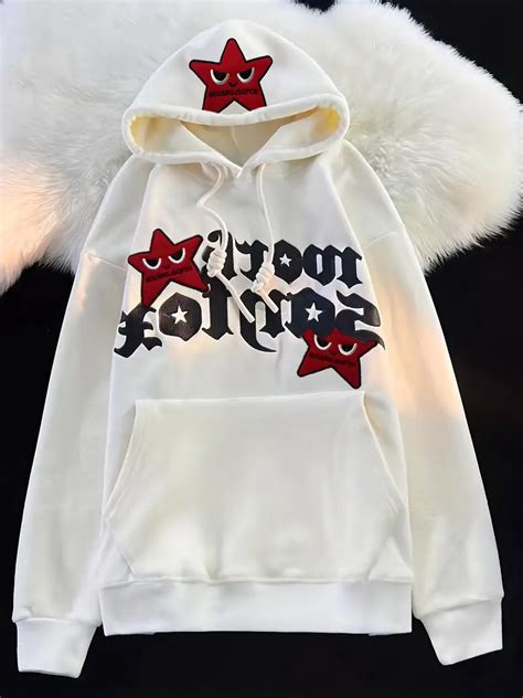 Letter Star Print Kangaroo Pocket Hoodie Casual Long Sleeve Temu