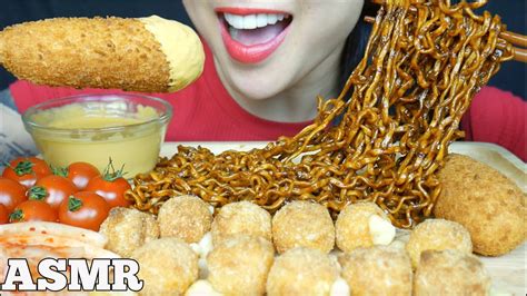 Asmr Cheesy Corn Dogs Spicy Noodles Cheese Balls Cheese Sauce Eating