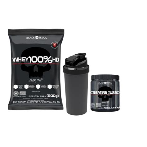 Kit Whey 100 Hd Black Skull Creatina Turbo 300g Caveira Preta